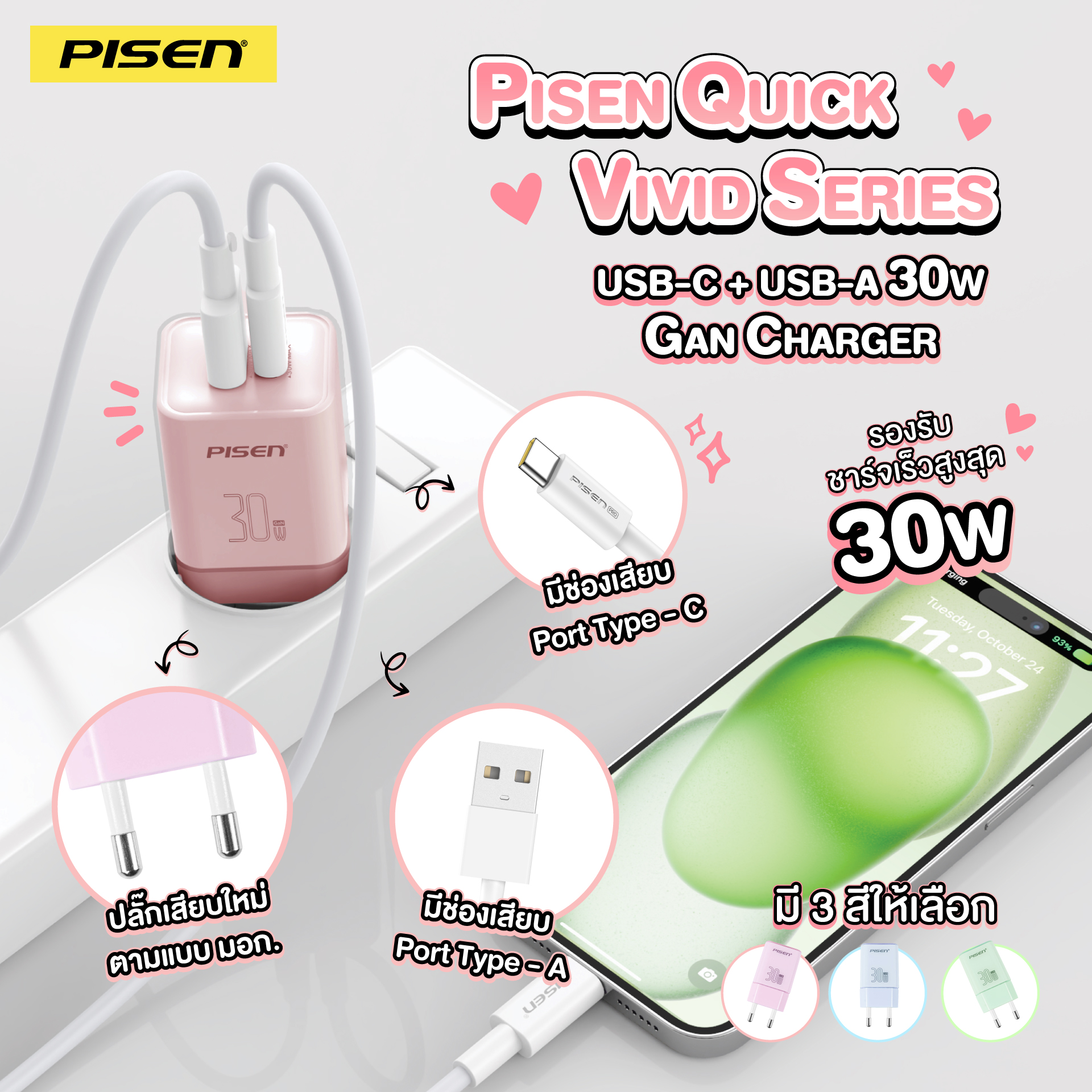 PISEN Fast Charger 30W GaN Tech (2 พอร์ต) Type-C 1 port และ Type-A 1 port หัวชาร์จเร็ว รุ่น TP ...