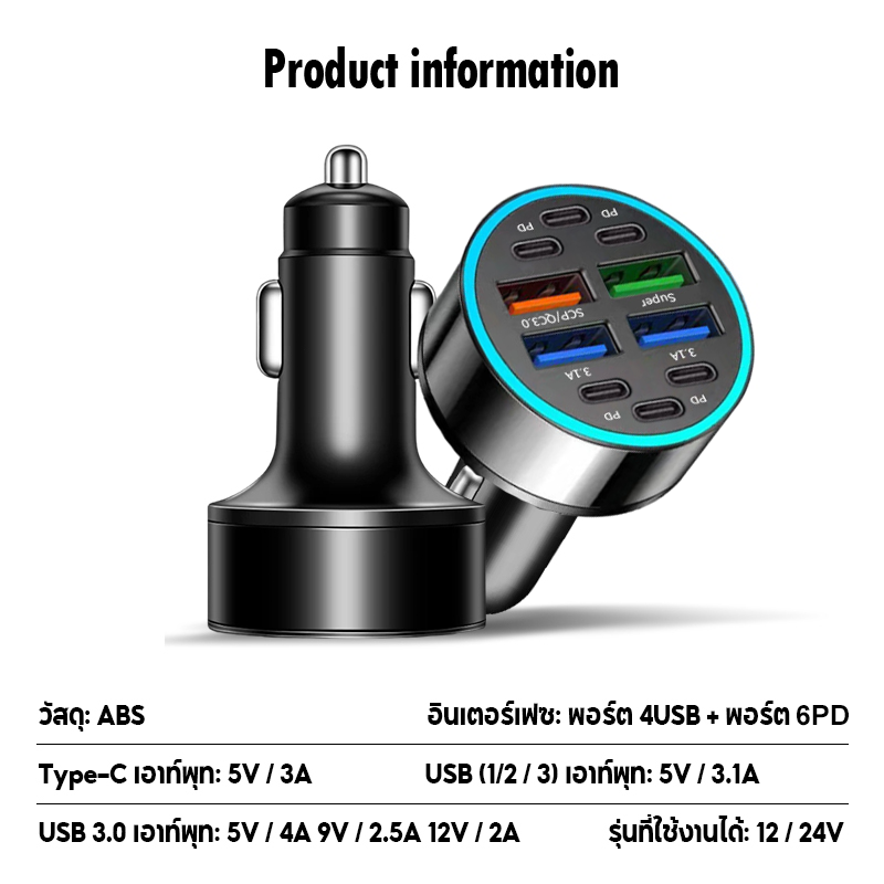 การขยาย10พอร์ต 4USB 6PD TypeC 3.1A ที่ชาร์จในรถ ที่ชาร์จเสียบที่จุด ...