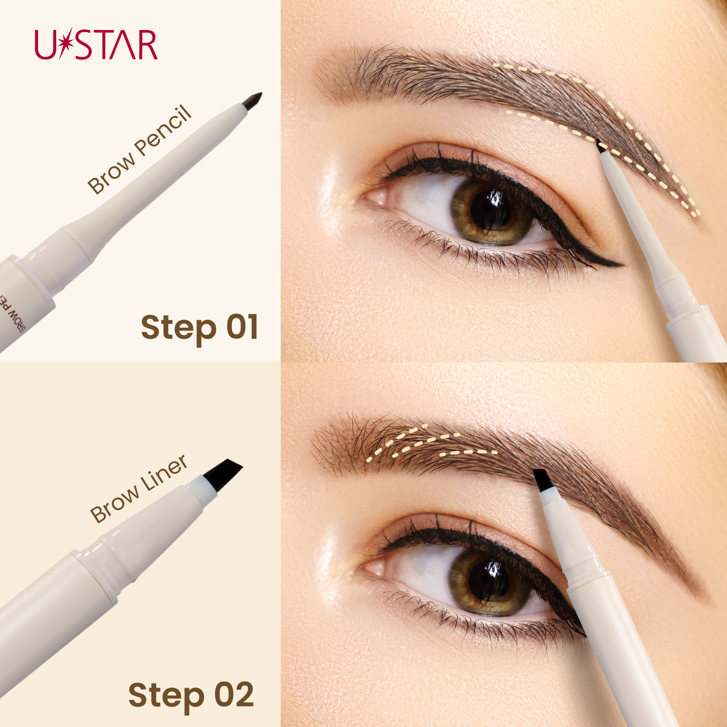 USTAR 2 In 1 Slim Brow Pencil & Liner ดินสอเขียนคิ้ว + พู่กันไลเนอร์วาด ...