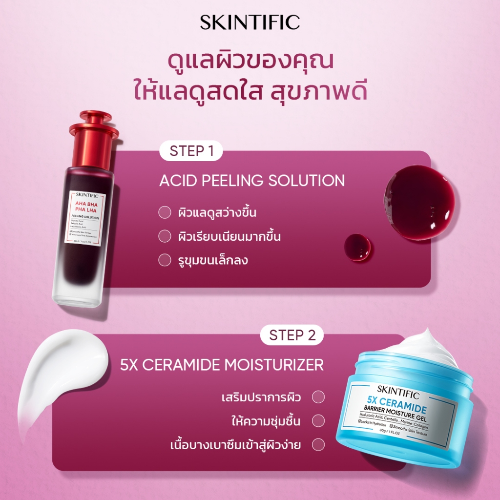 SKINTIFIC 2pcs เซรั่มเพื่อการผลัดเซลล์ผิว AHA BHA PHA LHA 5X เซราไมด์ ...