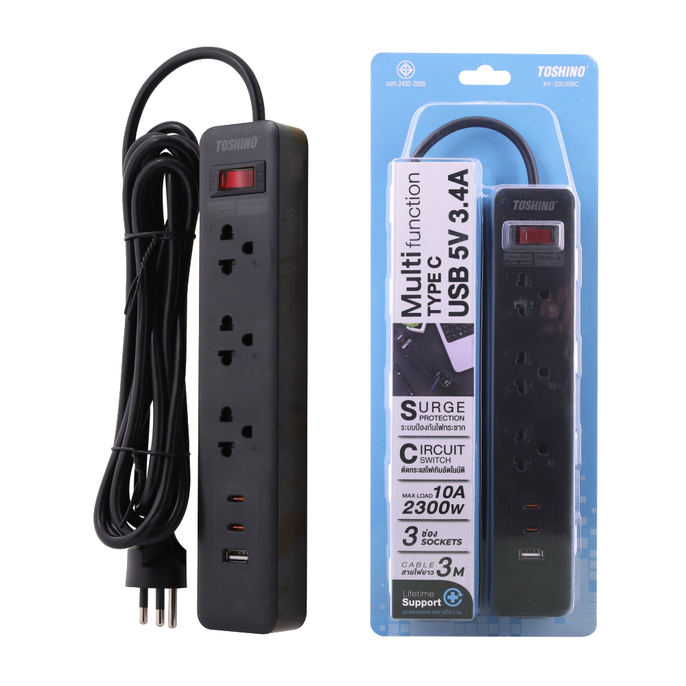 ปลั๊กไฟ Toshino TIS 3 Sockets 10A/2300W TypeC USB5V 3.4A Black by Banana IT | Shopee Thailand