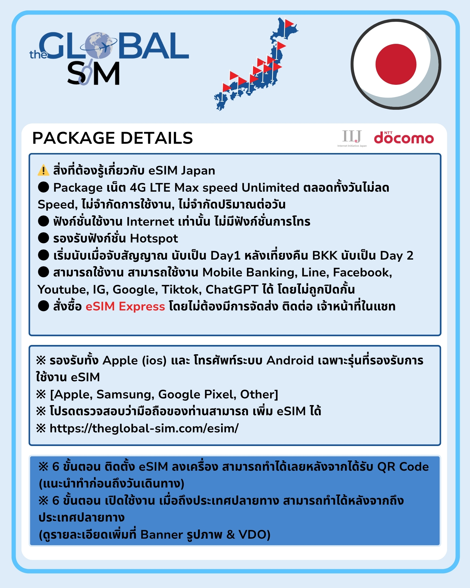 Japan eSIM ซิมญี่ปุ่น IIJ & Docomo 3-15Days 4G LTE Max speed Unlimited | Shopee Thailand