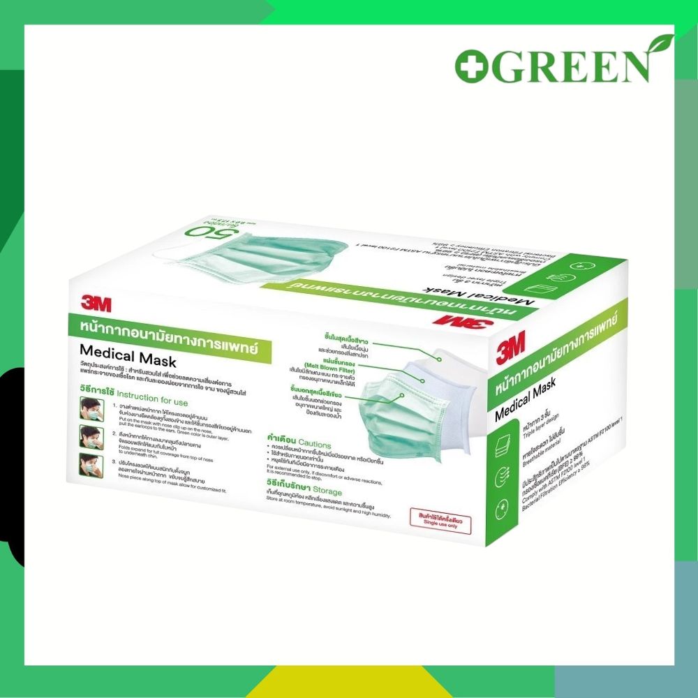 3M Nexcare Medical Earloop Mask หน้ากากอนามัย สีเขียว หน้ากาก 3 ชั้น ...