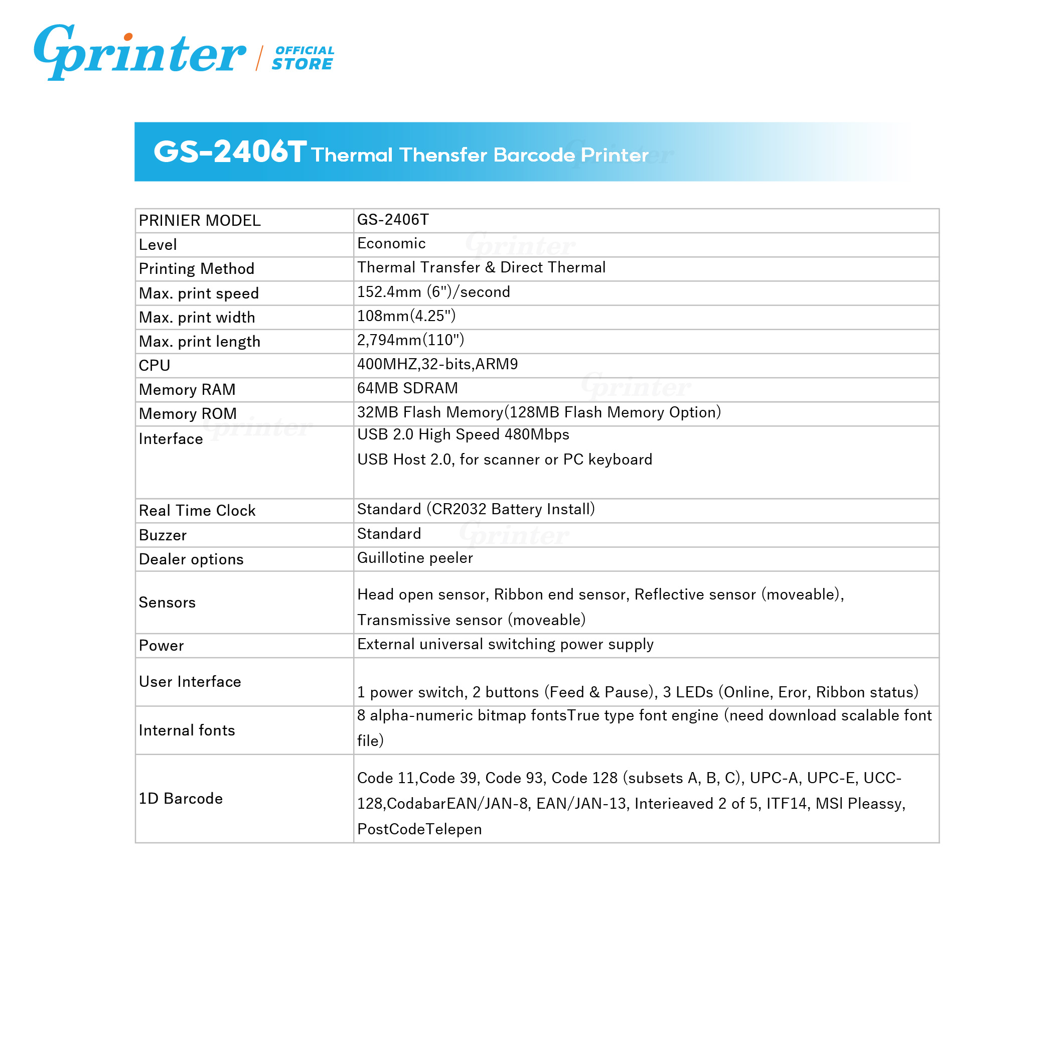 Gprinter เครื่องพิมพ์ฉลาก แบบริบบอน เครื่องพิมพ์ใบปะหน้า GS-2406T พิมพ์สติกเกอร์บาร์โค้ด ป้าย ...