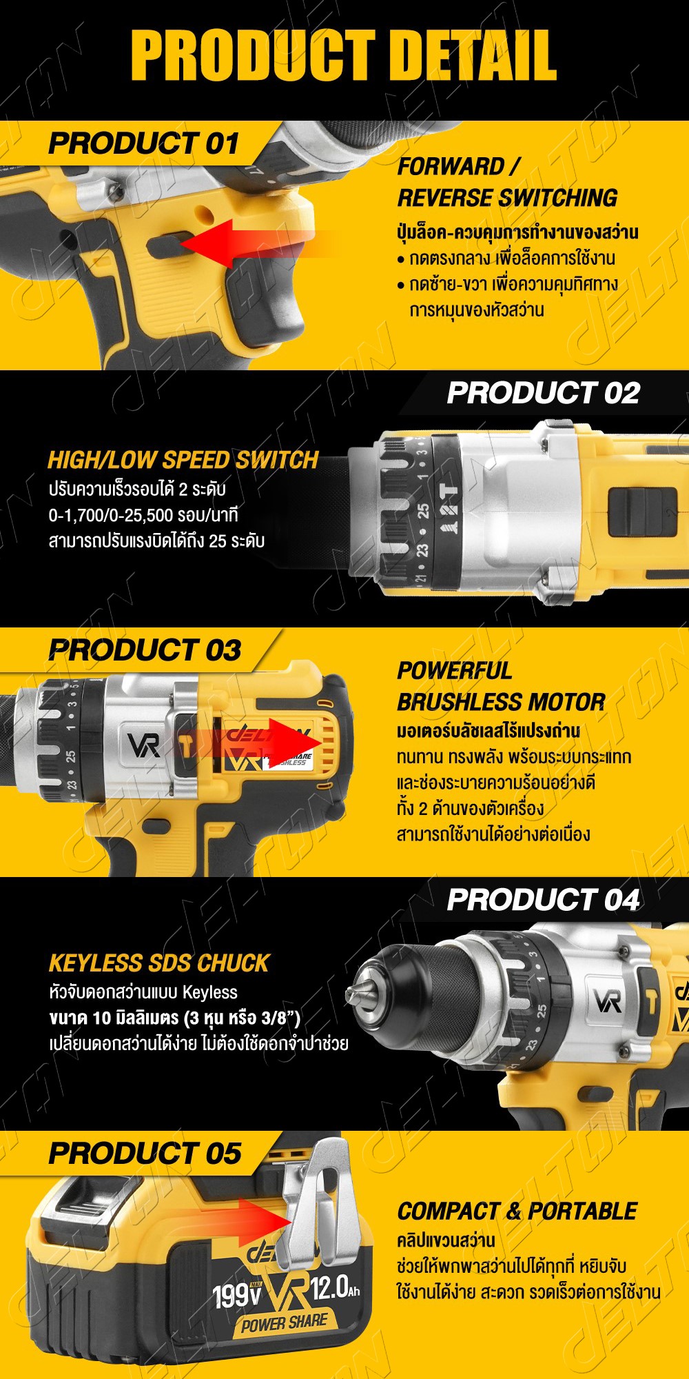 DELTON สว่านไร้สาย 3 ระบบ 199V มอเตอร์ไร้แปรงถ่าน Brushless Motor แบตเตอรี่พาวเวอร์แชร์ VR ...