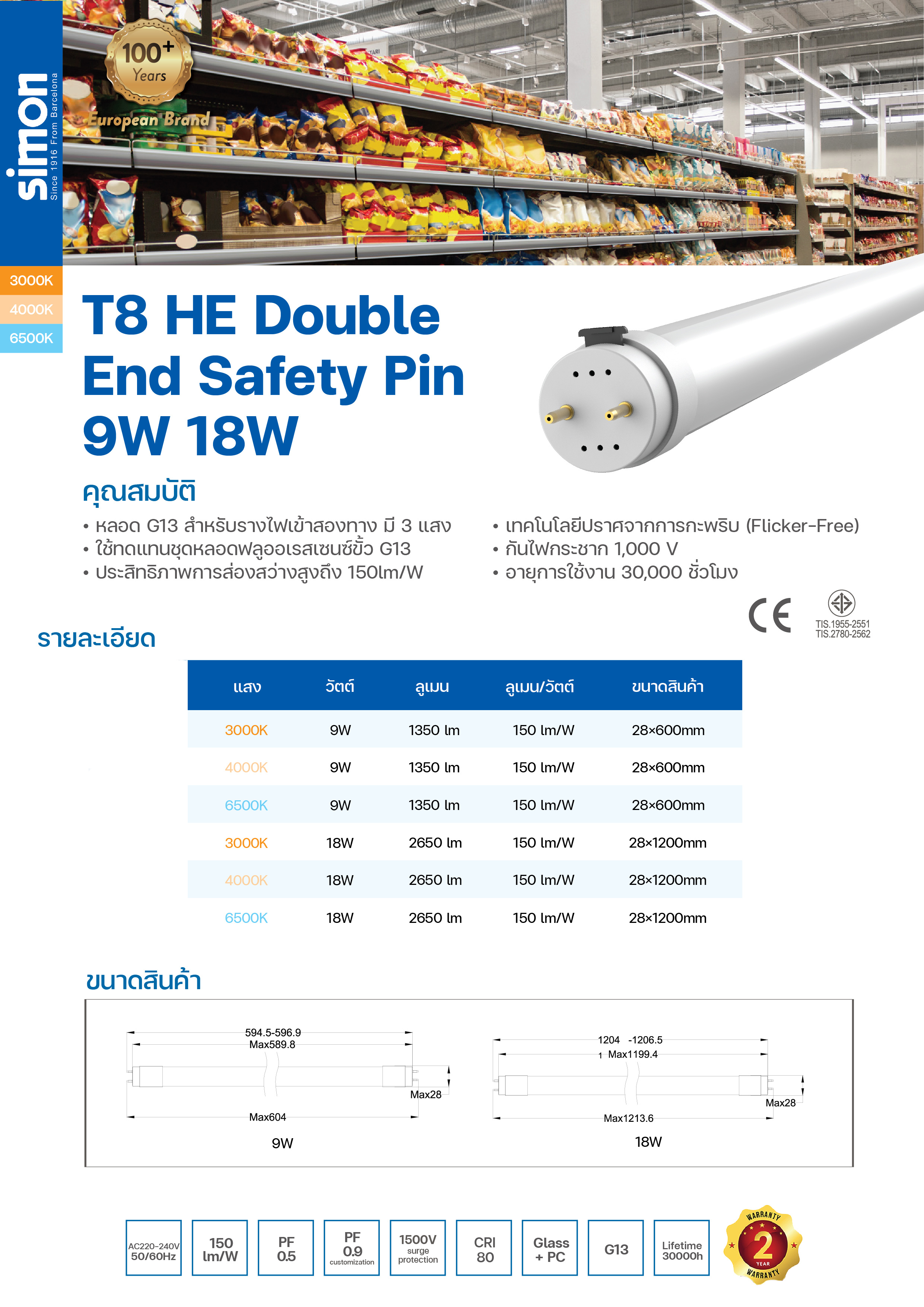 Simon หลอดไฟ LED T8 tube Bulb ชุดรางแอลอีดี หลอดยาว 9W 18W 3000K 4000K ...
