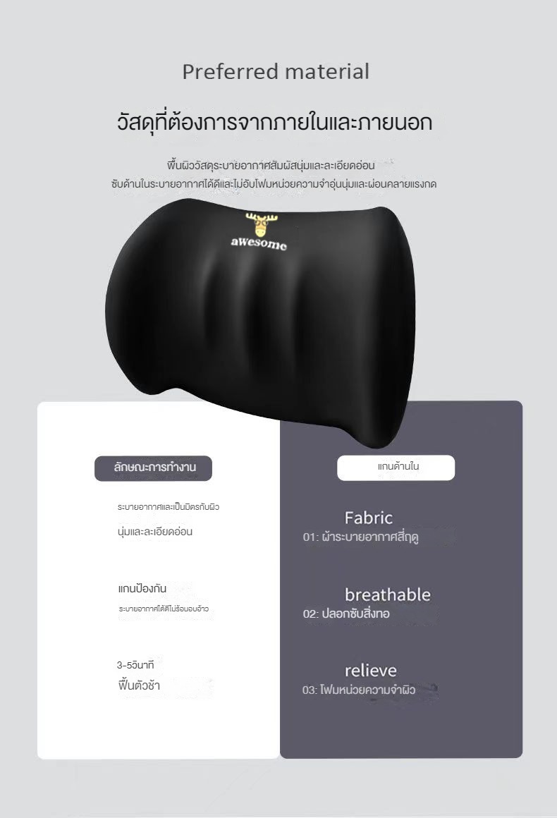 Awesome หมอนรองคอ รองไหล่ ที่รองพิงหลังสำหรับรถยนต์ หมอนรองคอ พนักพิงศีรษะ เมมโมรี่โฟม หนังนิ่ม