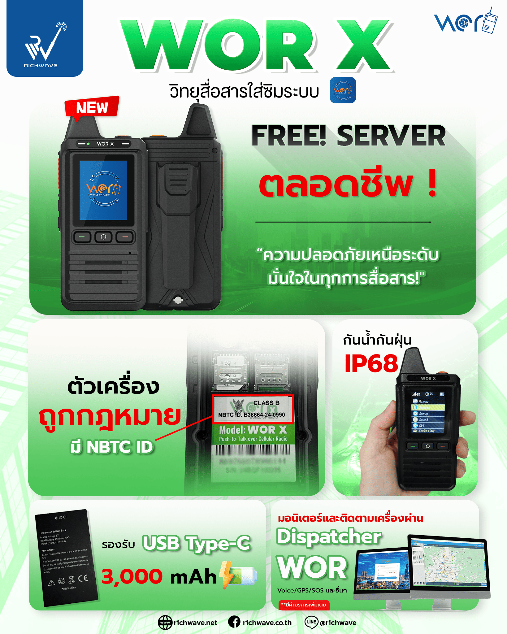 WOR รุ่น X วิทยุสือสาร ใส่ซิม Free Server ตลอดชีพ ฟรีซิม 1 ปี Poc มี GPS รองรับ 2 SIM วอซิม IP68 ...