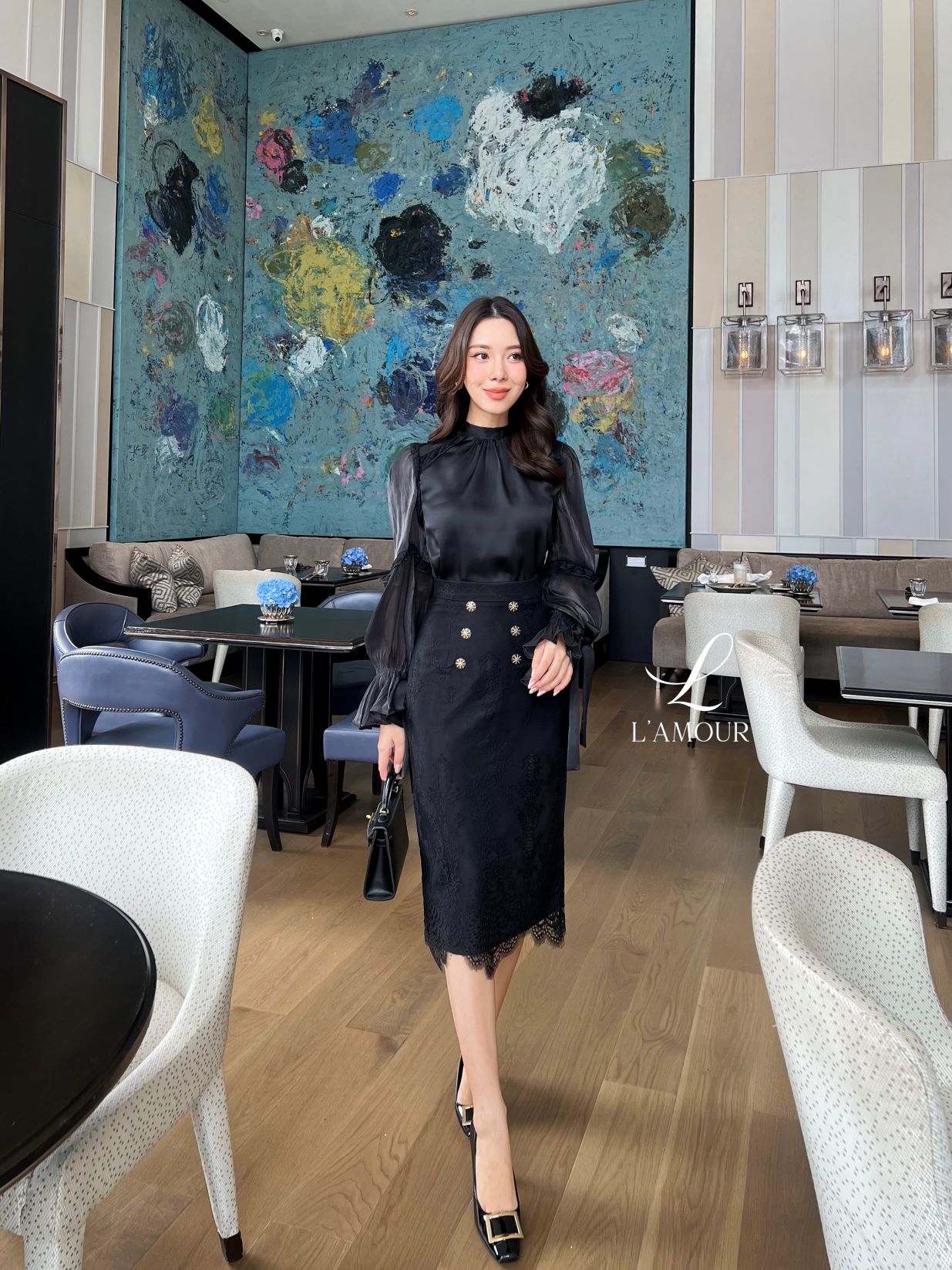 LM001 L’AMOUR BRAND Set เสื้อแขนยาวสีดำ + กระโปรงลูกไม้สีดำ [2PM ...