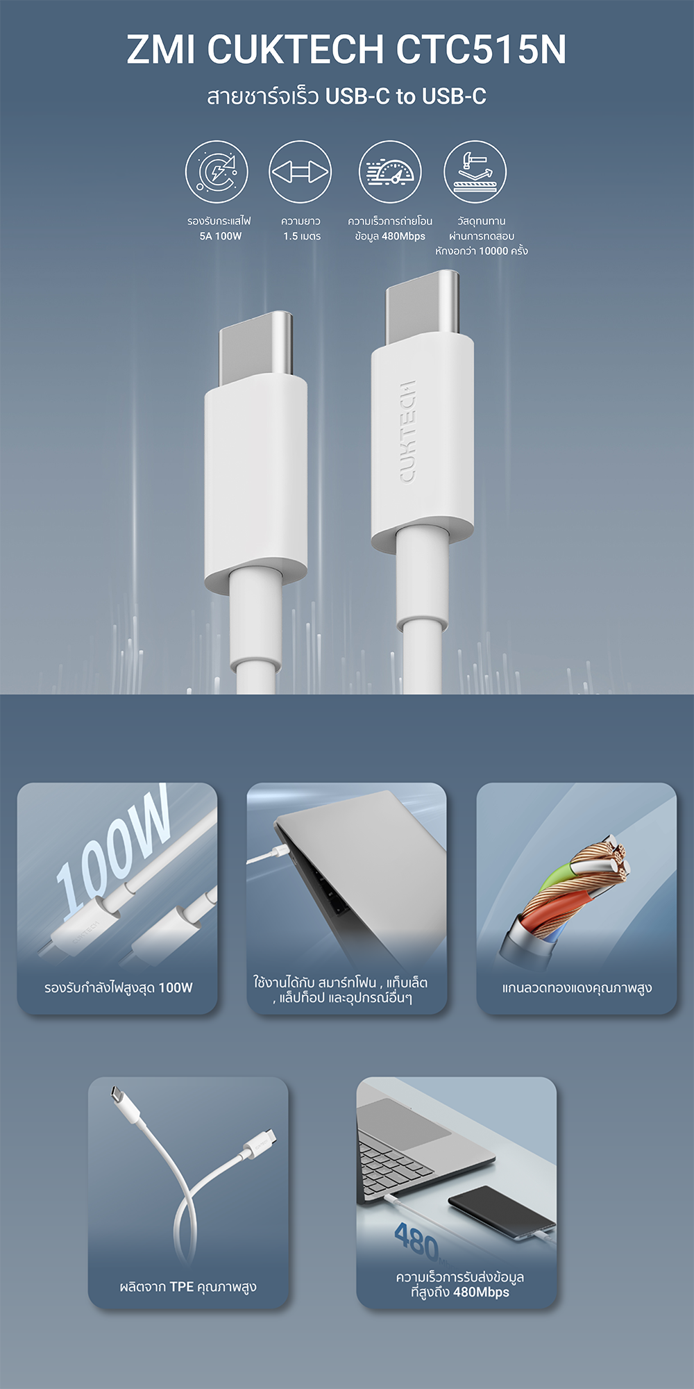 [ลดเหลือ 220] CUKTECH CTC515N / KLC-5499 สาย Type c to Type c รองรับการจ่ายไฟ 5A (Max 100W) -2Y ...