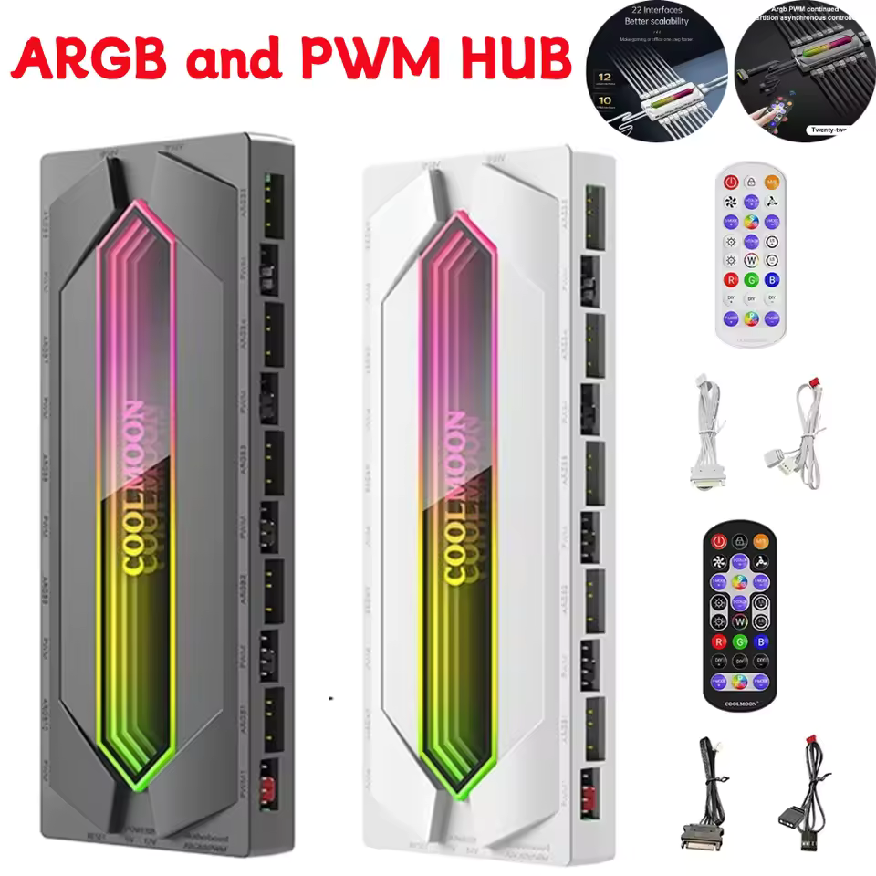 กล่องควบคุมไฟ COOLMOON MC10 ARGB Fan Hub Controller 4pin PWM+3pin 5V ...