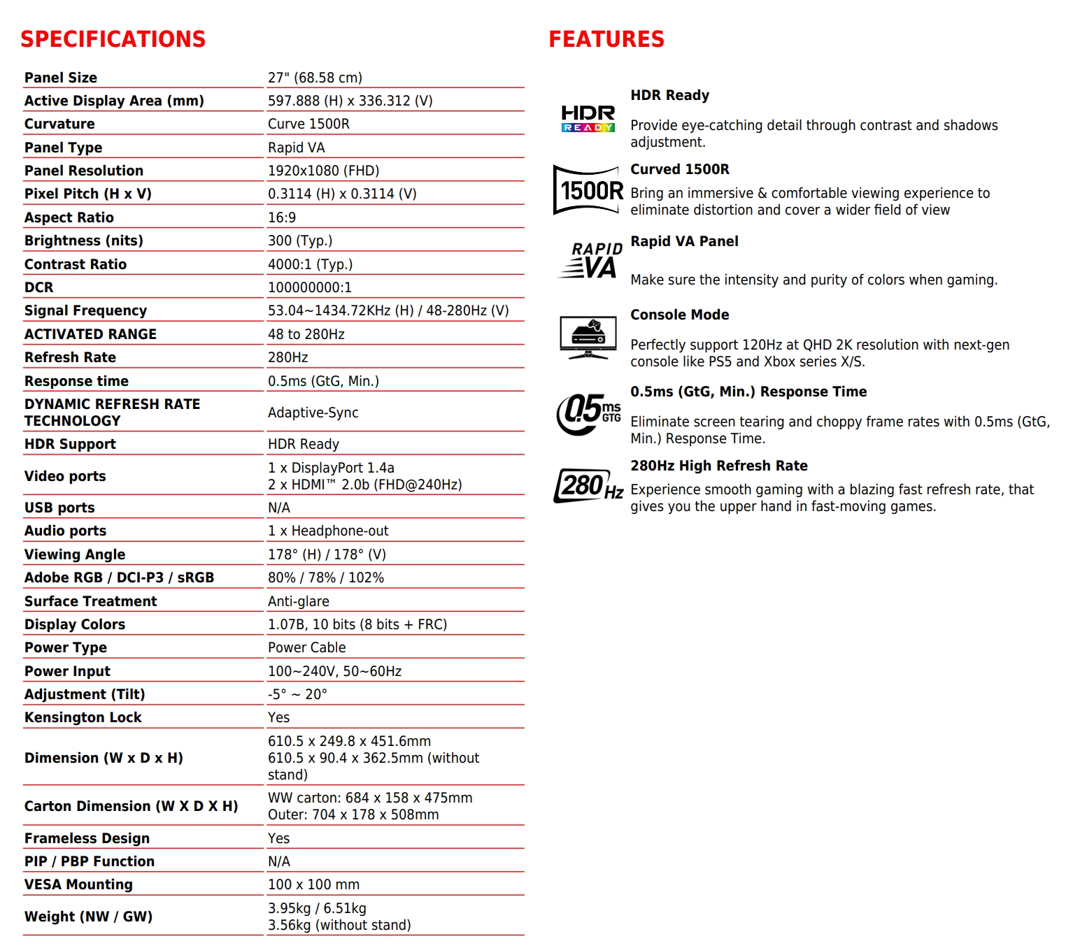 [Pre-Order] MSI MAG 276CXF Monitor 27" (68.58 cm) 280Hz Rapid VA จอโค้ง ...