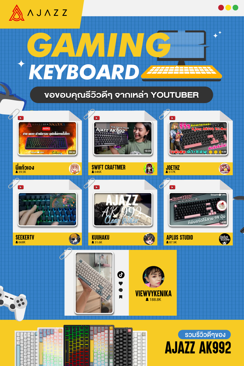 คีย์บอร์ดเกมมิ่ง Ajazz AK992 Tri-Mod RGB Version 99Key Gasket ...