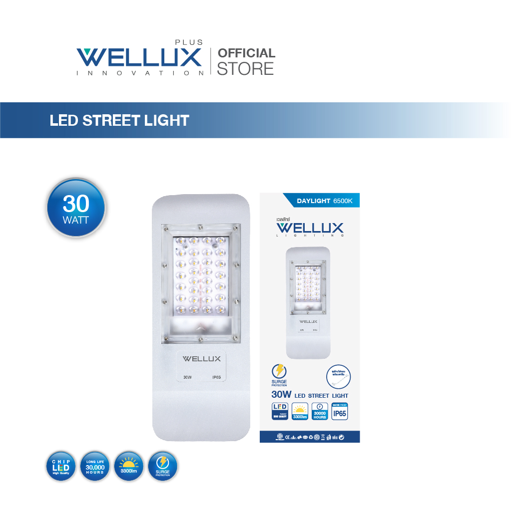 WELLUX โคมไฟถนน 30W แสงขาว พร้อมกิ่งขาและอุปกรณ์ติดตั้งครบชุด LED ...
