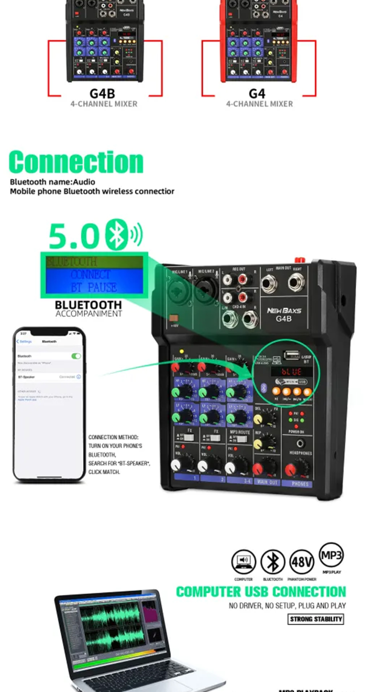 Newbaxs G4B Professional Audio Mixer 4 ช่องเครื่องผสมขนาดเล็กบ้าน/รถ ...