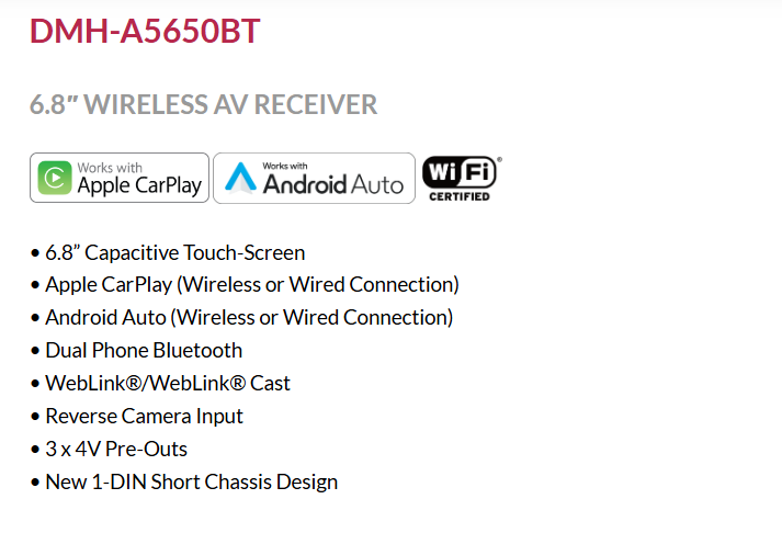 PIONEER DMH-A5650BT | 6.8″ WIRELESS AV RECEIVER | Apple CarPlay ...