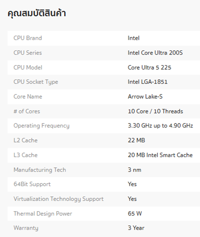 Intel Core Ultra 5 225 3.30GHz 10C/10T 20M LGA1851 : BX80768225 ซีพียู ...