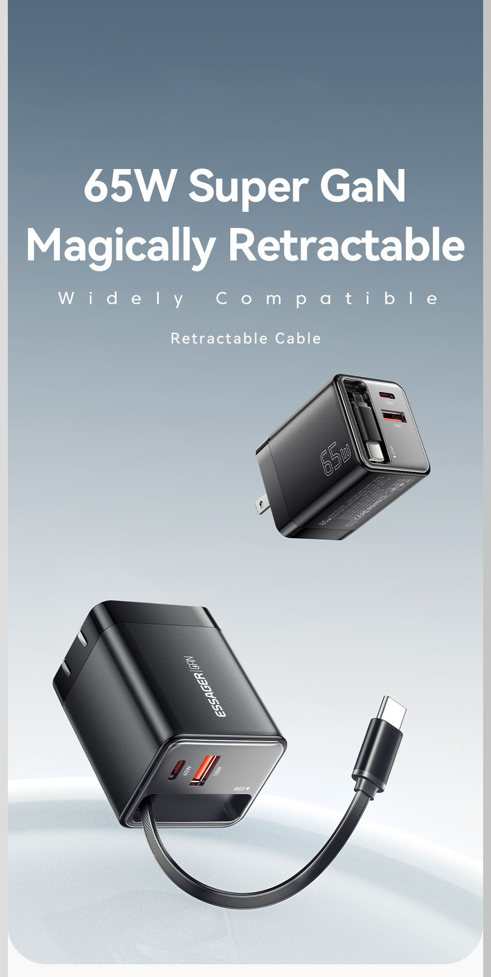 วชาร์จเร็ว 65W Type C USB Fast Charger Adapter สายยืดไสลด์ในตัว ขนาด ...