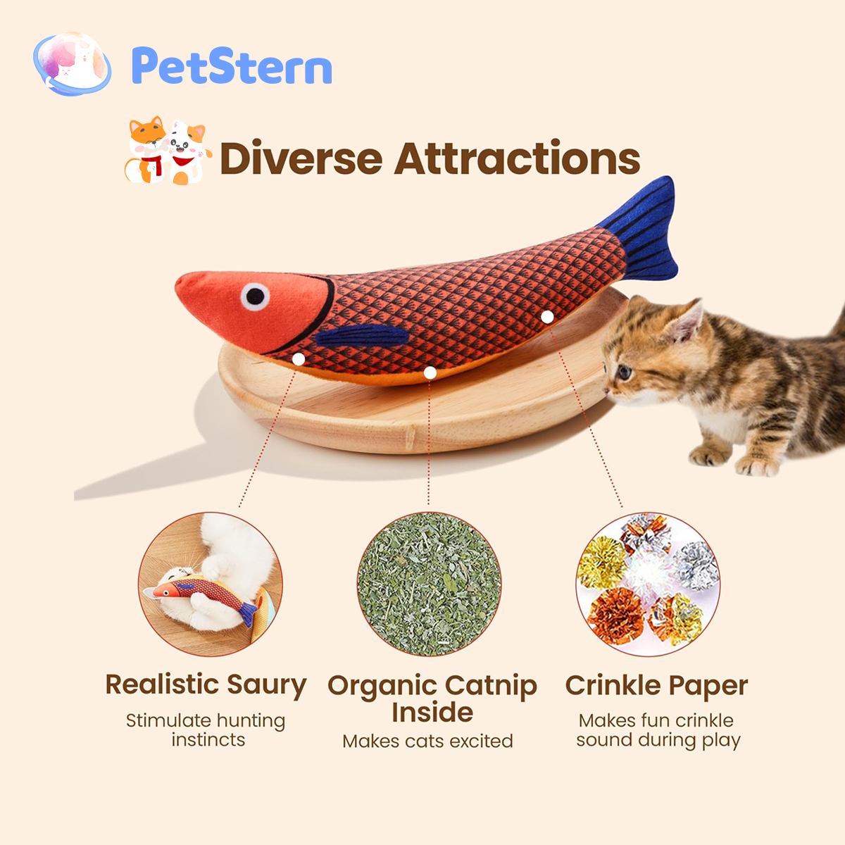 PetStern ของเล่นแมว ปลาแคทนิป เสียง Crinkle นุ่มและทนทาน แมวแบบโต้ตอบสำหรับการออกกำลังกายในร่ม ...