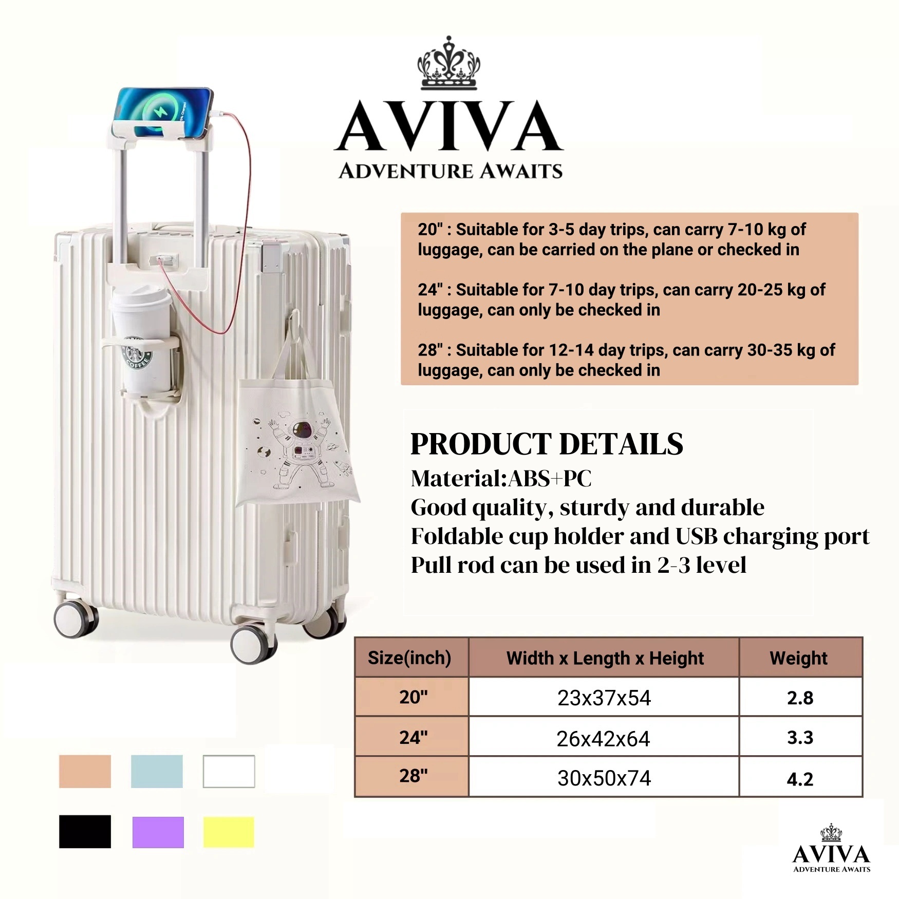 AVIVA ฟังก์ชั่นการชาร์จ USB กระเป๋าเดินทาง 20/24/28นิ้ว พร้อมตะขอ โลหะ ...