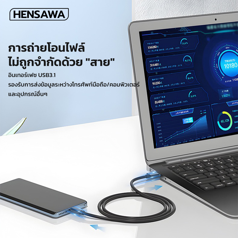 HENSAWA รุ่น PC106 สายชาร์จ USB to Type C 3.0 สายชาร์จ 2A ความเร็วในการ ...