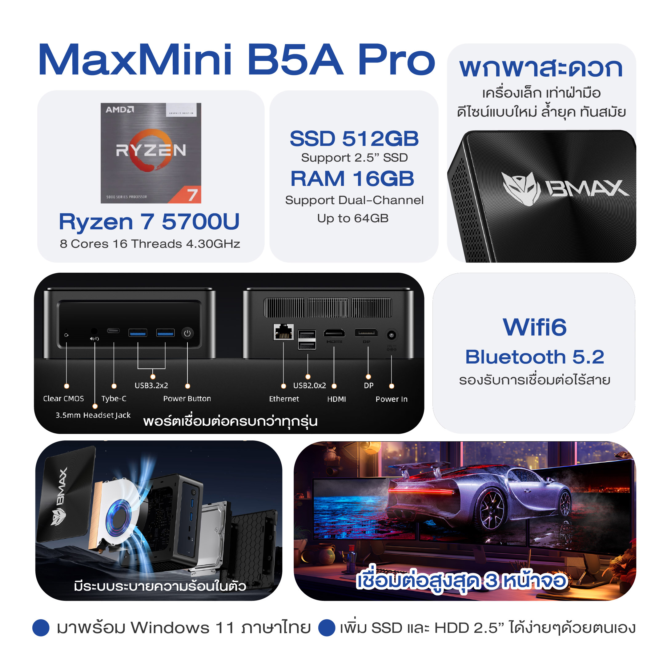 🇹🇭 BMAX B5A Pro Mini PC มินิ พีซี Windows11 AMD Ryzen7 5700U 8C/16T 4 ...