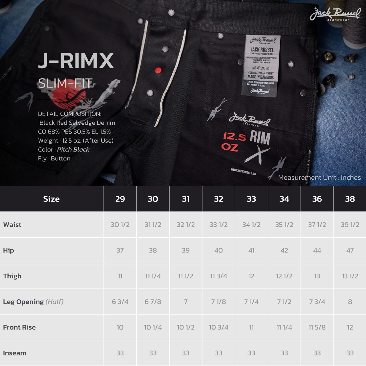 กางเกงยีนส์ผ้าดิบริมแดงผู้ชาย ทรงกระบอกเล็ก Jack Russel Meisterwerk J-RIMX Slim Fit Black Red ...