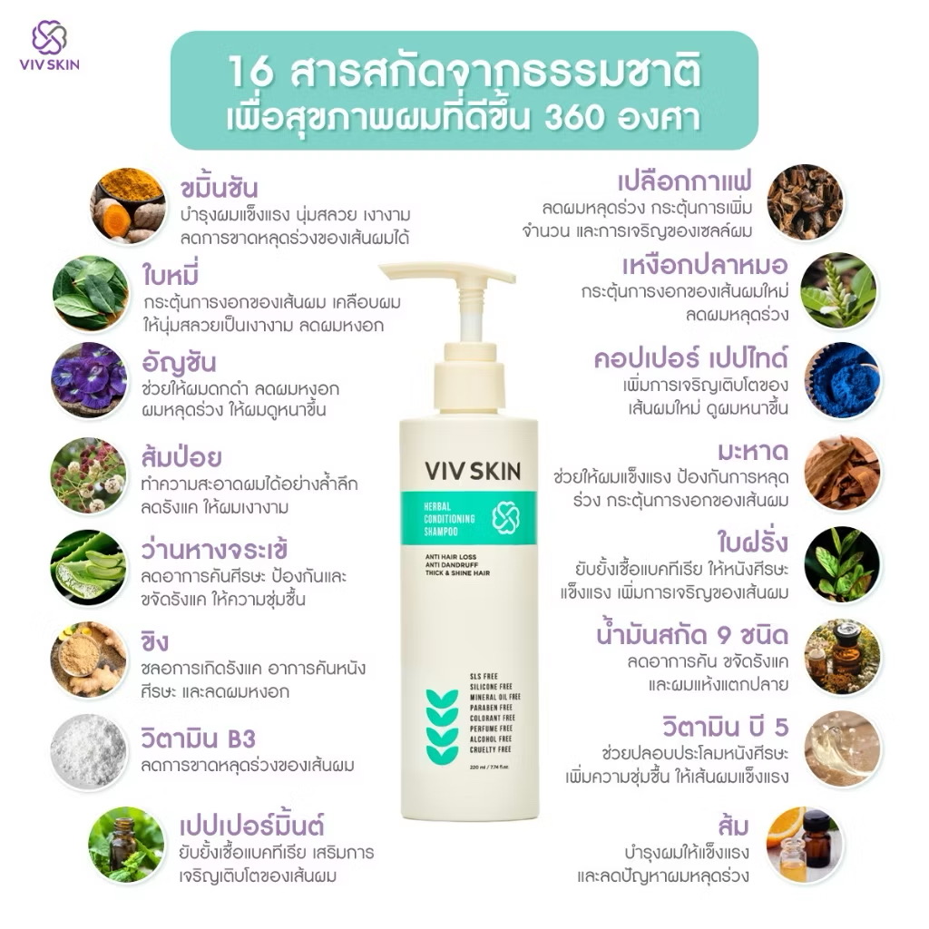 VIV SKIN เฮอร์เบิล คอนดิชันนิ่ง แชมพู 220 ml. แชมพูลดผมร่วง Hair growth ...