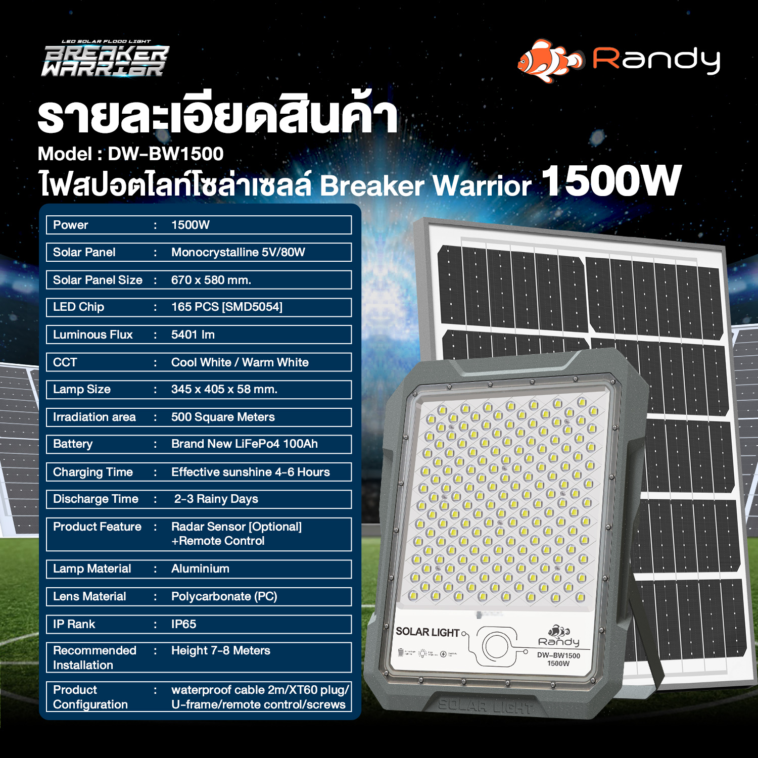 Randy ไฟโซล่าเซลล์ Gen2สปอตไลท์&UFO ประกัน2ปี โคมไฟCCTV WIFI 100W-1500W ...