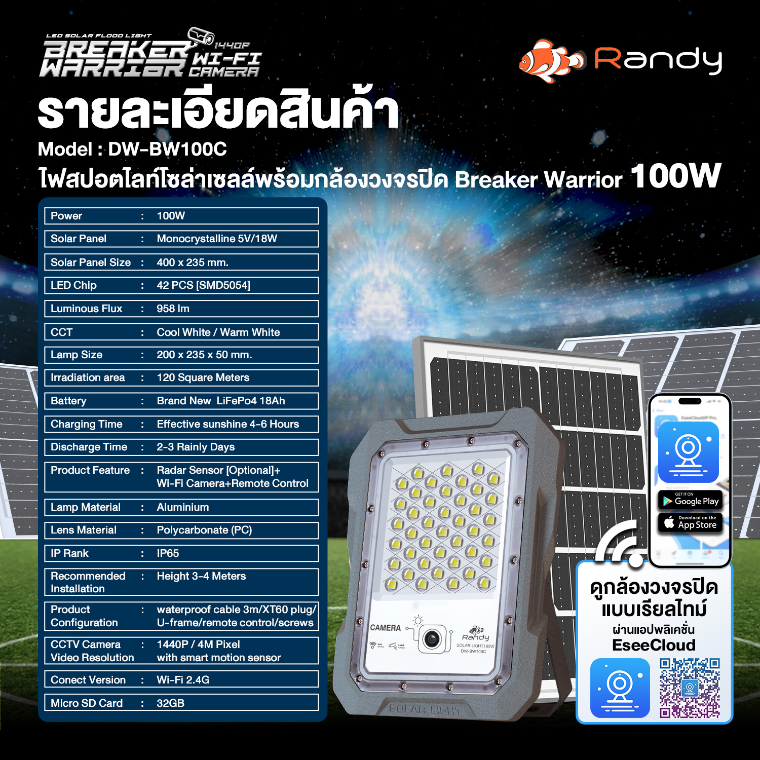 Randy ไฟโซล่าเซลล์ Gen2สปอตไลท์&UFO ประกัน2ปี โคมไฟCCTV WIFI 100W-1500W ...