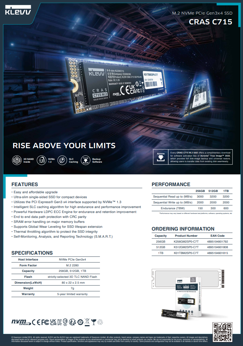 KLEVV CRAS C715 M.2 NVMe PCIe Gen3X4 SSD - 256 GB | Shopee Thailand