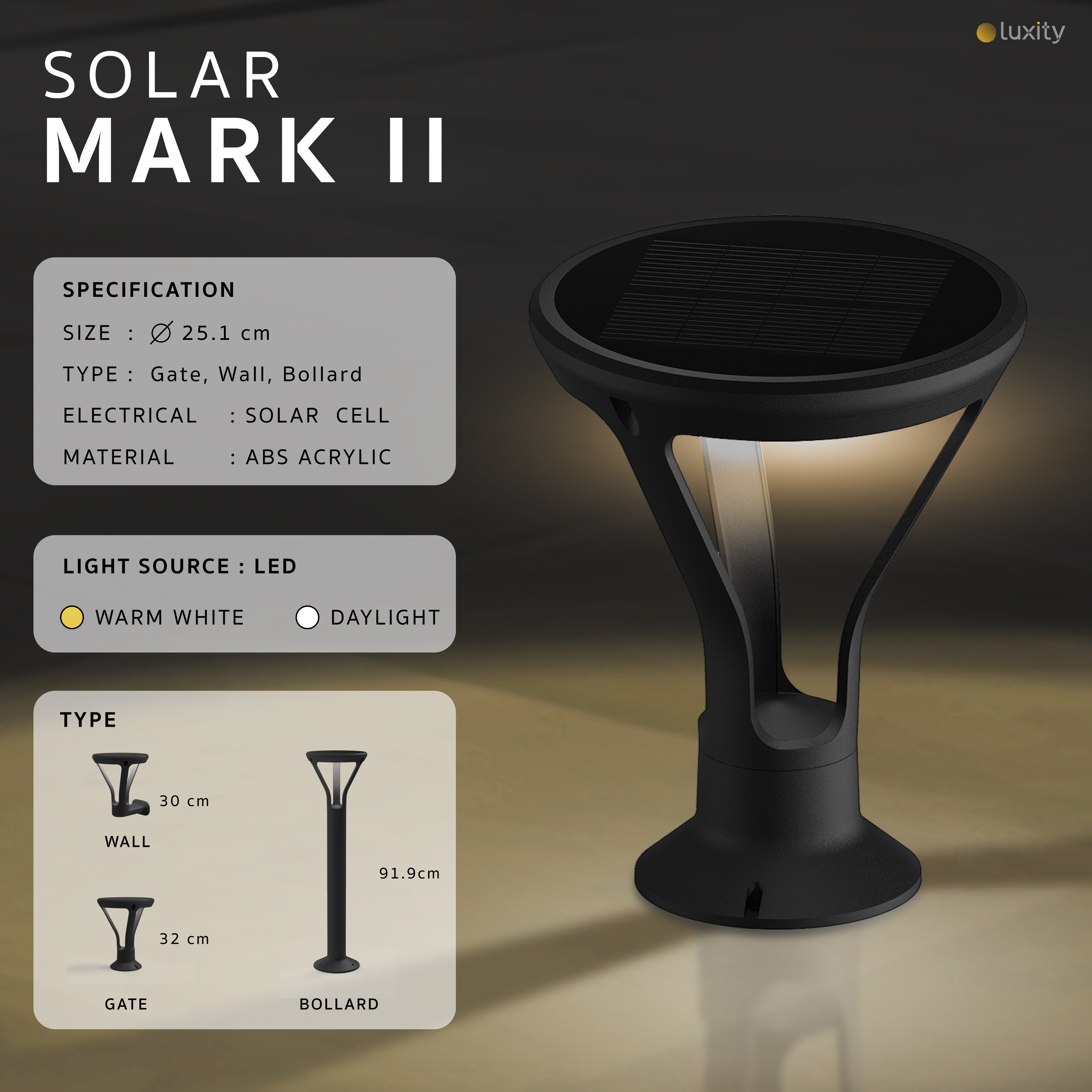 Solar Mark II - Bollard โคมไฟสนามแบบตั้งพื้น โซล่าร์เซลล์ LED ปรับไฟได้ ...