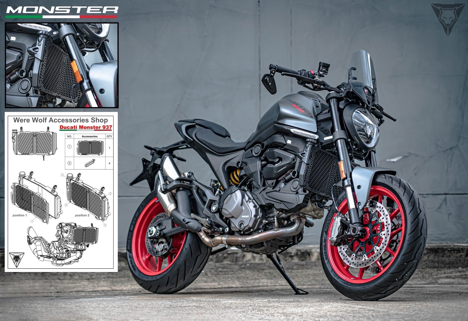 การ์ดหม้อน้ำ Were Wolf สำหรับ DUCATI MONSTER 937 / Radiator Guard ...