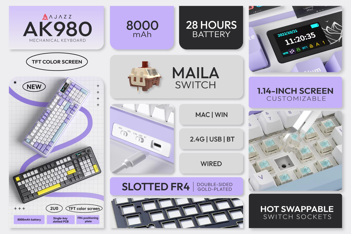 คีย์บอร์ดเกมมิ่ง Ajazz AK980 LCD Tri-Mod Maila Switch Gasket Mechanical ...