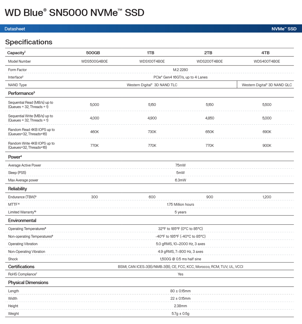 WD Blue SN5000 SSD 2TB ,1TB M.2 2280 NVMe Gen4 Speed Up to 5,150MB/s ...