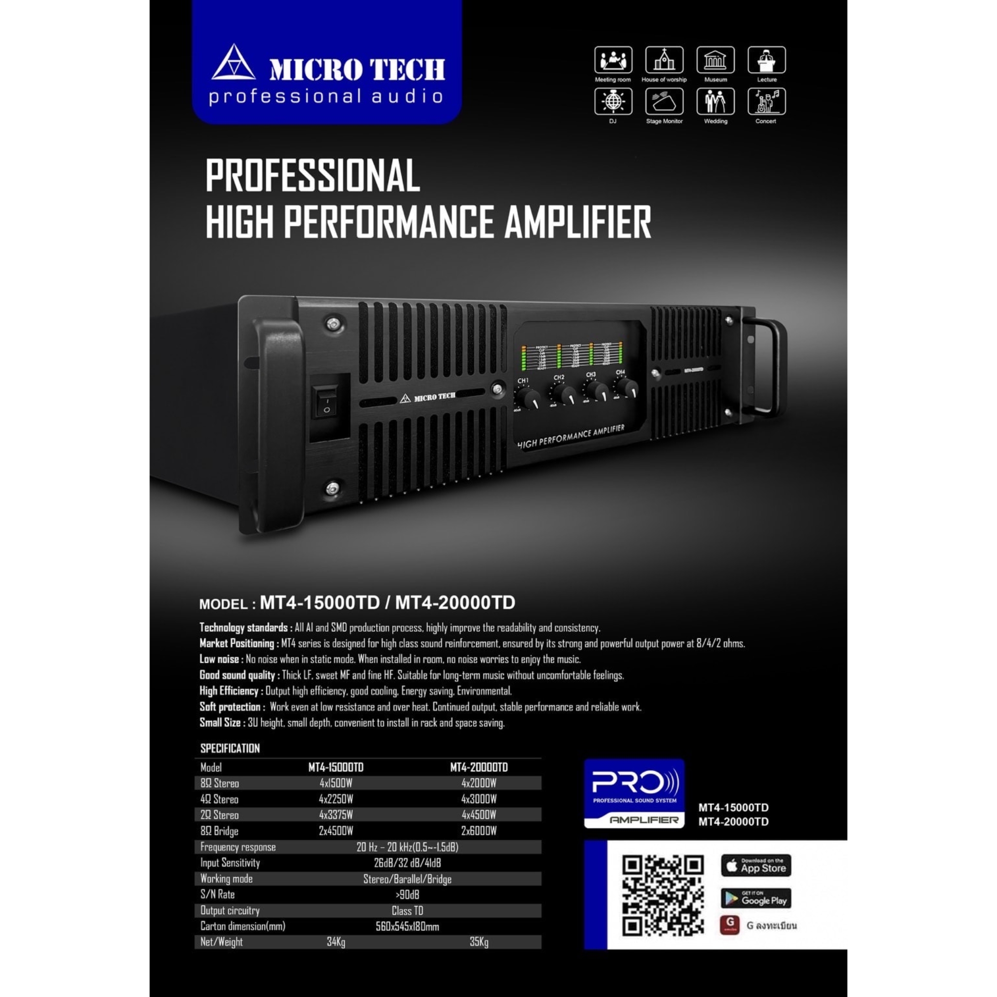 MICROTECH MT4-20000TD เพาเวอร์แอมป์ 4 แชนแนล คลาส TD กำลังขับ 3000 ...