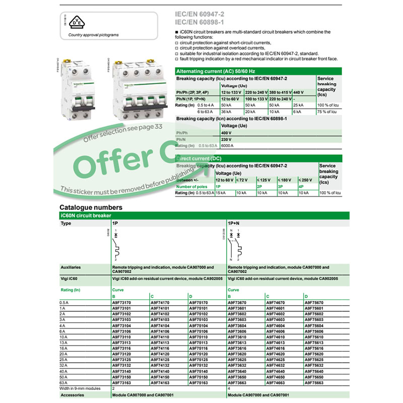 Acti IC60N 2P 1A - 63A (A9F74201 - A9F74263) มินิเอเจอร์เซอร์กิตเบรคเก ...