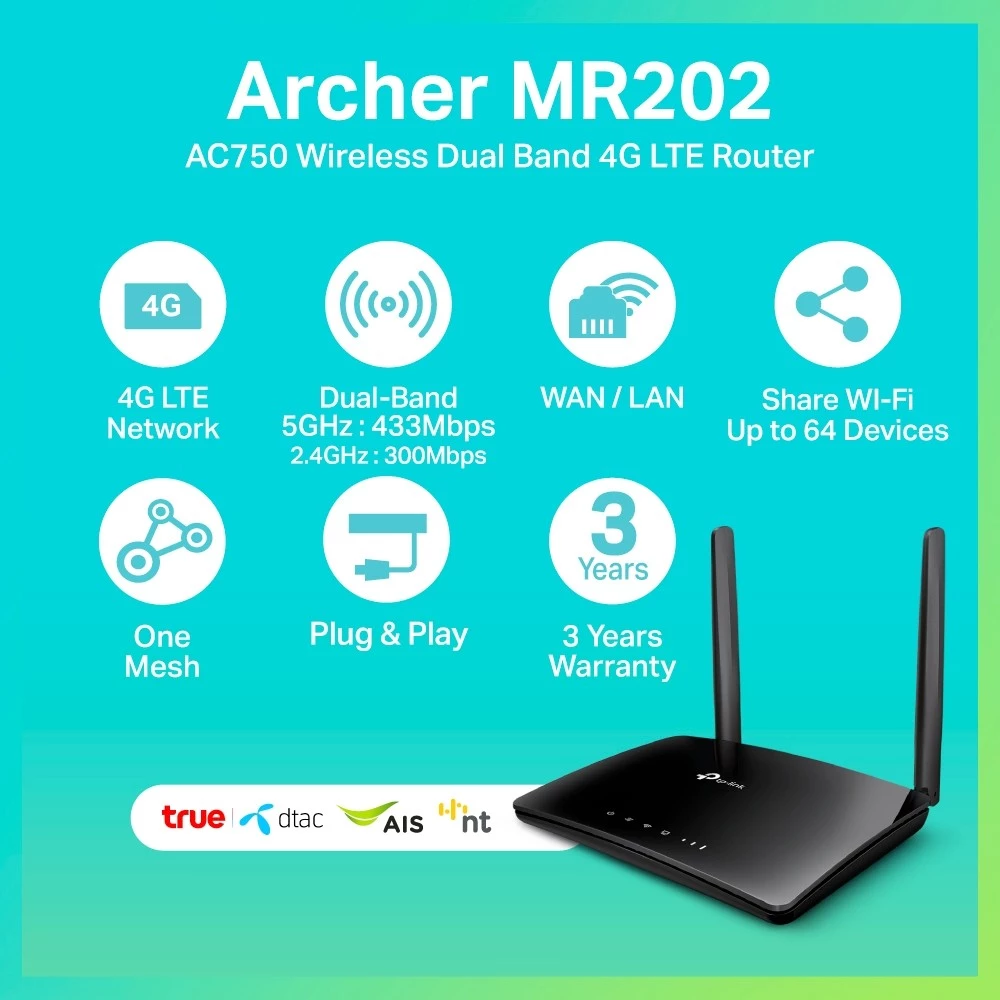 TP-LINK ARCHER MR202 4G LTE ใช้งานง่ายแค่ใส่ซิมก็ใช้ได้เลย AC750 ...