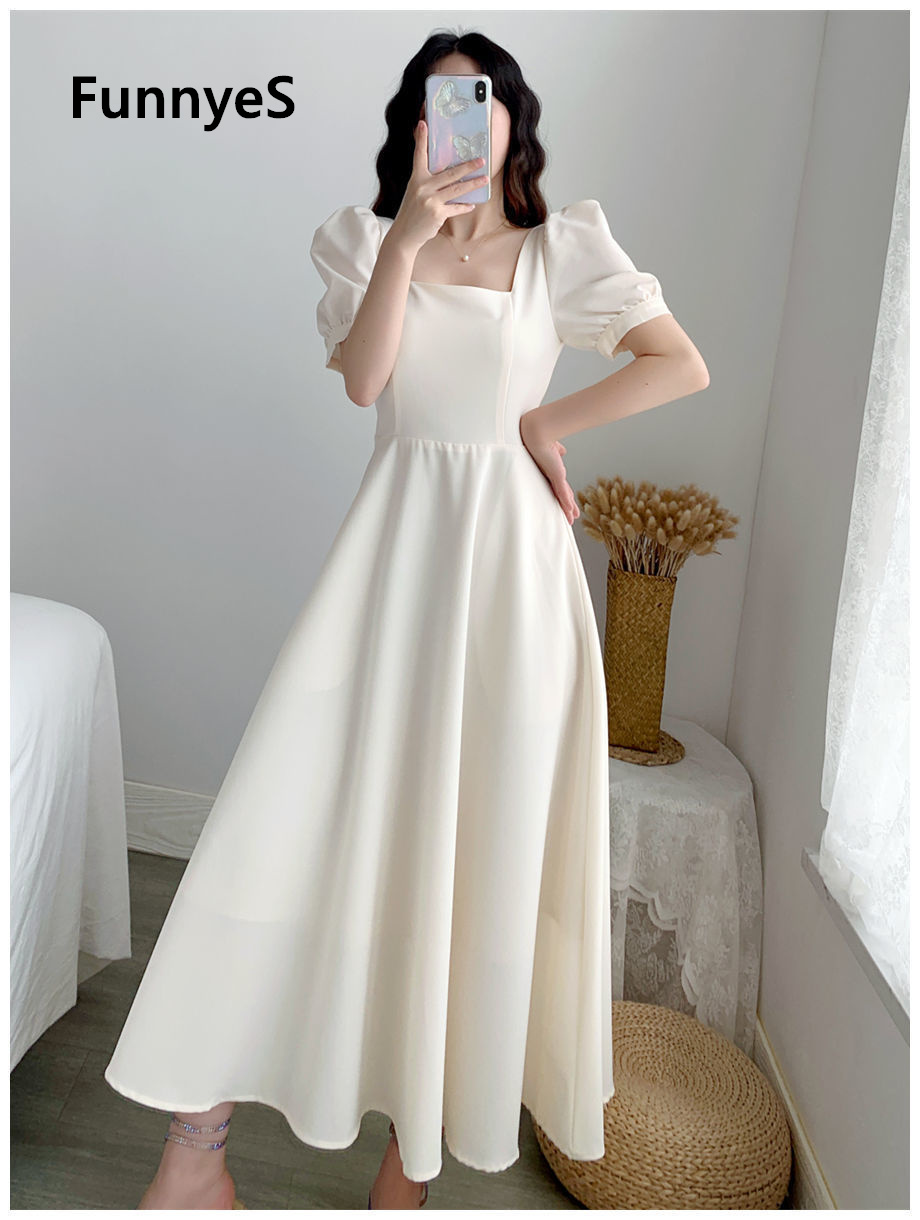 Youmie ชุดเดรสยาวผู้หญิง คอเหลี่ยมแขนพอง สไตล์ฝรั่งเศส เดรสยาวปานกลาง ...