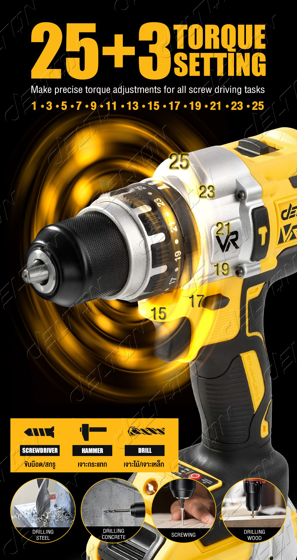 DELTON สว่านไร้สาย 3 ระบบ 199V มอเตอร์ไร้แปรงถ่าน Brushless Motor แบตเตอรี่พาวเวอร์แชร์ VR ...