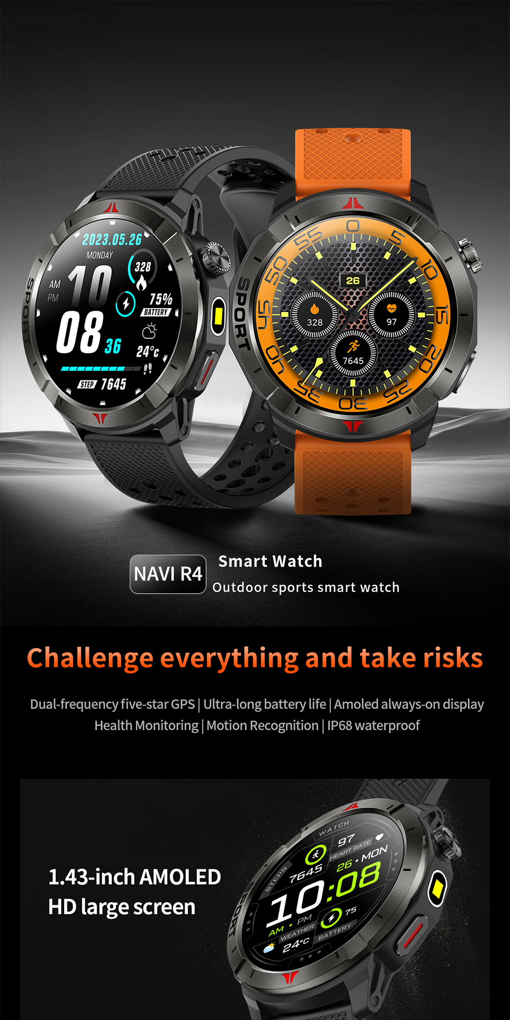 Aolon Navi R4 GPS สมาร์ทวอทช์ ตำแหน่งความถี่คู่หกดาวเทียม รับรู้การ ...