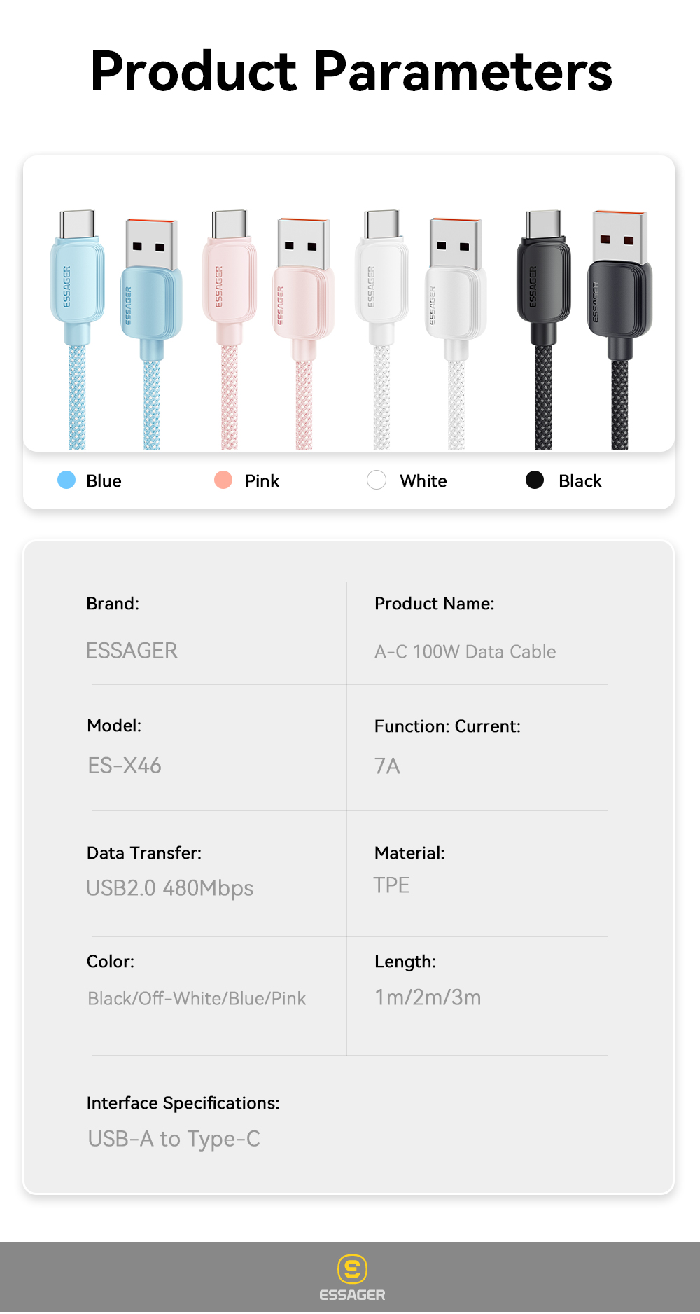 Essager 7A USBA Type C สายเคเบิ้ล100W สายชาร์จความไวสูงสายชาร์จสำหรับ สมาร์โฟน Xiaomi สายชาร์จ ...