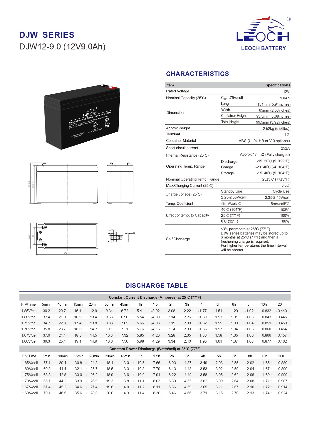 Leoch แบตเตอรี่แห้ง DJW12-9.0 (12V9.0AH) ขั้วใหญ่ (T2) VRLA แบตแห้ง UPS ...