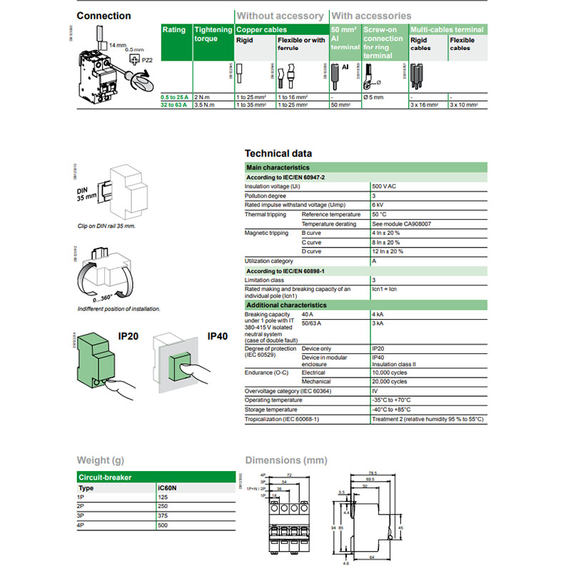 Acti IC60N 2P 1A - 63A (A9F74201 - A9F74263) มินิเอเจอร์เซอร์กิตเบรคเก ...