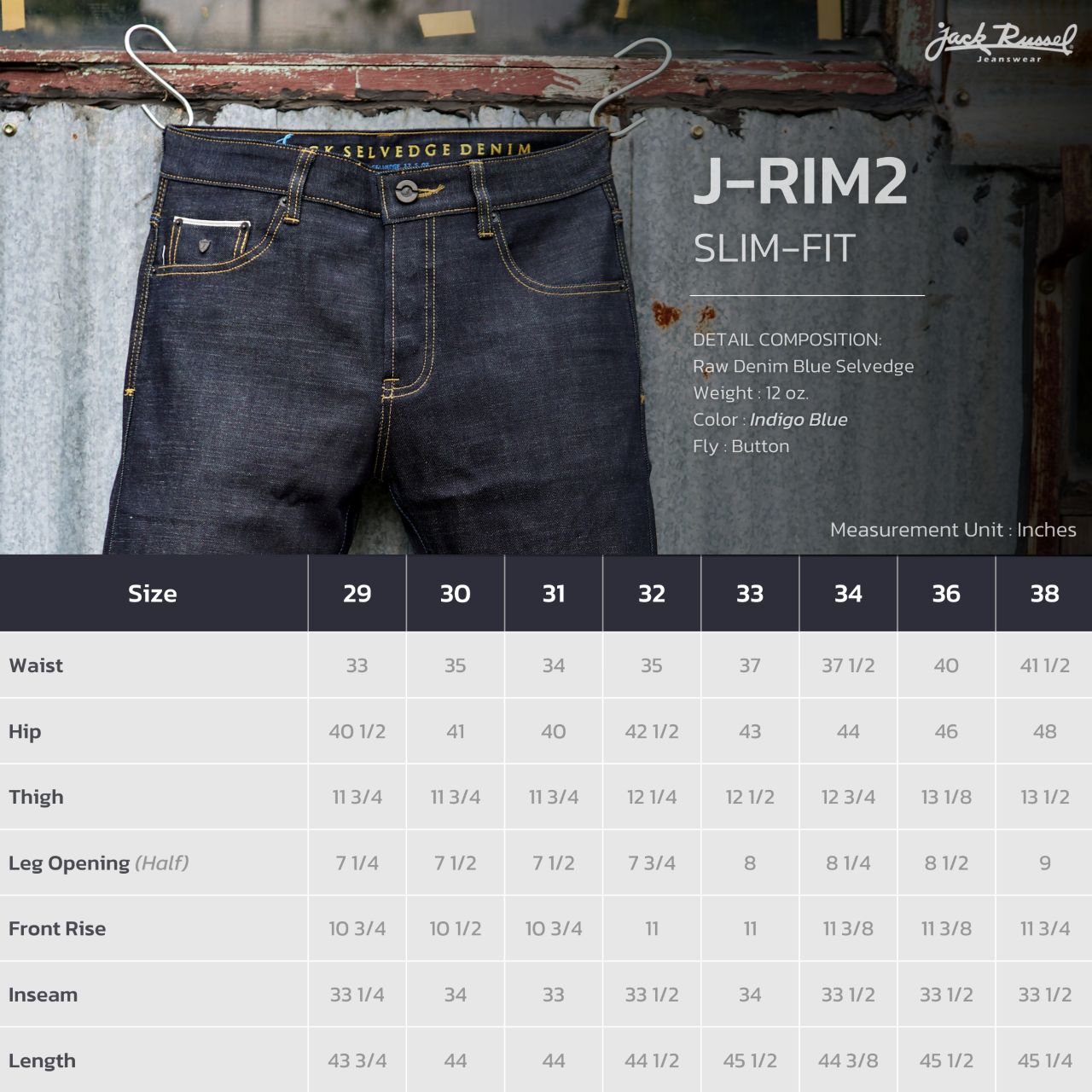กางเกงยีนส์ผ้าดิบริมน้ำเงินผู้ชาย Jack Russel Meisterwerk J-RIM2 Slim Fit Indigo Blue & Blue ...