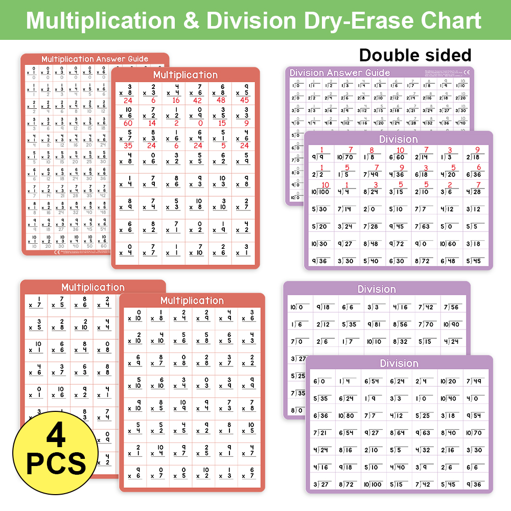 4Pcs Multiplication Division / Addition Subtraction Math Learning Chart ...