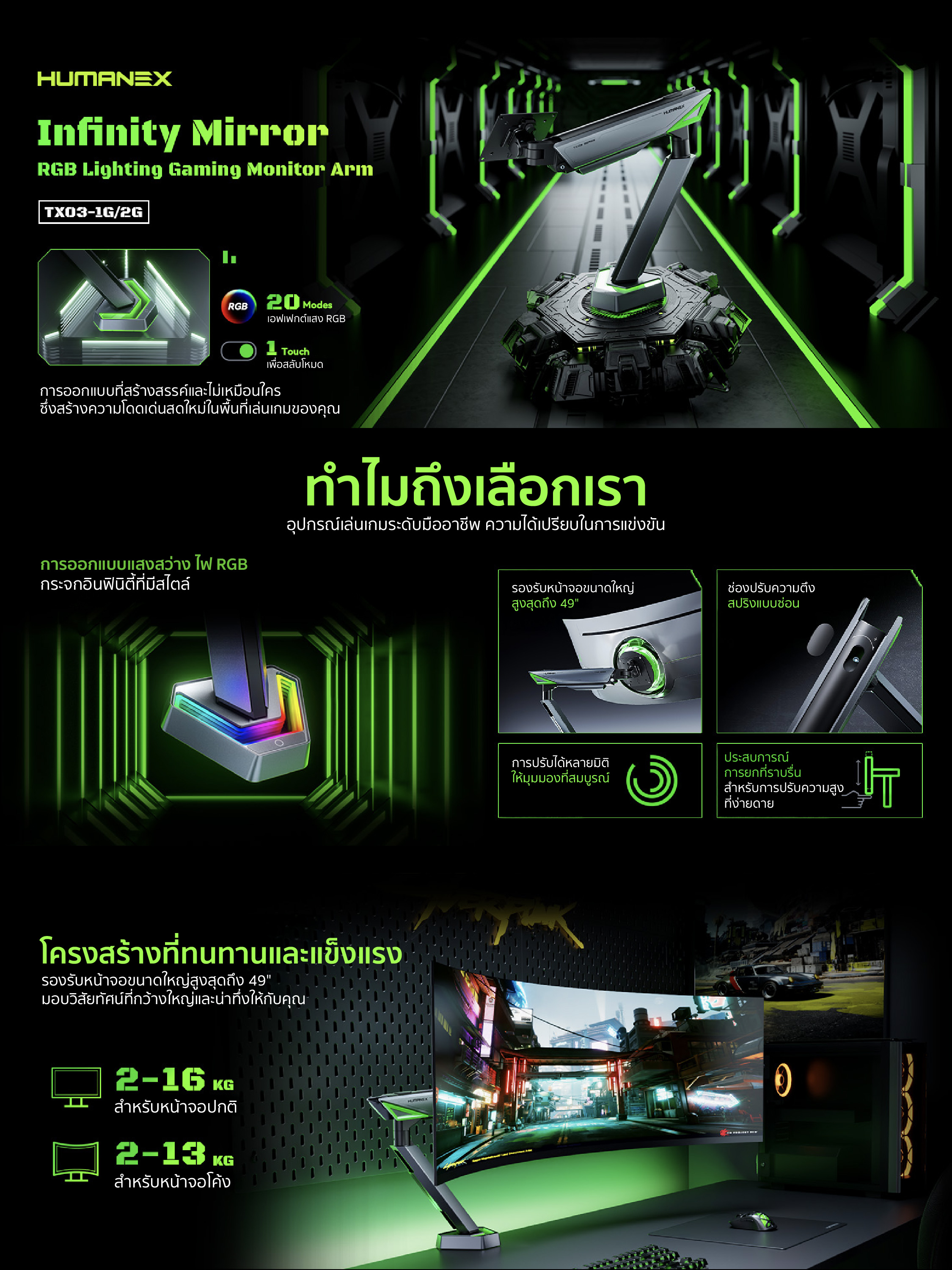 ขาตั้งจอมอนิเตอร์ Humanex TX03-1G / TX03-2G Infinity Mirror RGB ...