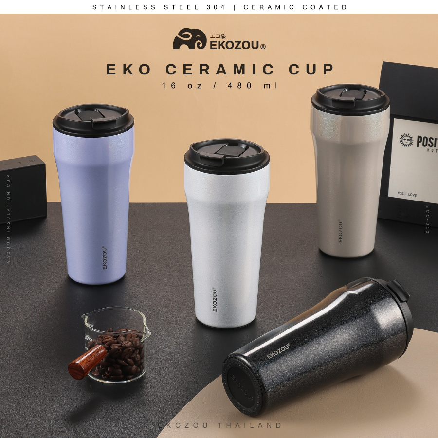 EKO Ceramic Cup ขนาด 480ml/16oz แก้วสแตนเลส 304 มาพร้อมหลอดเด้ง เคลือบ ...