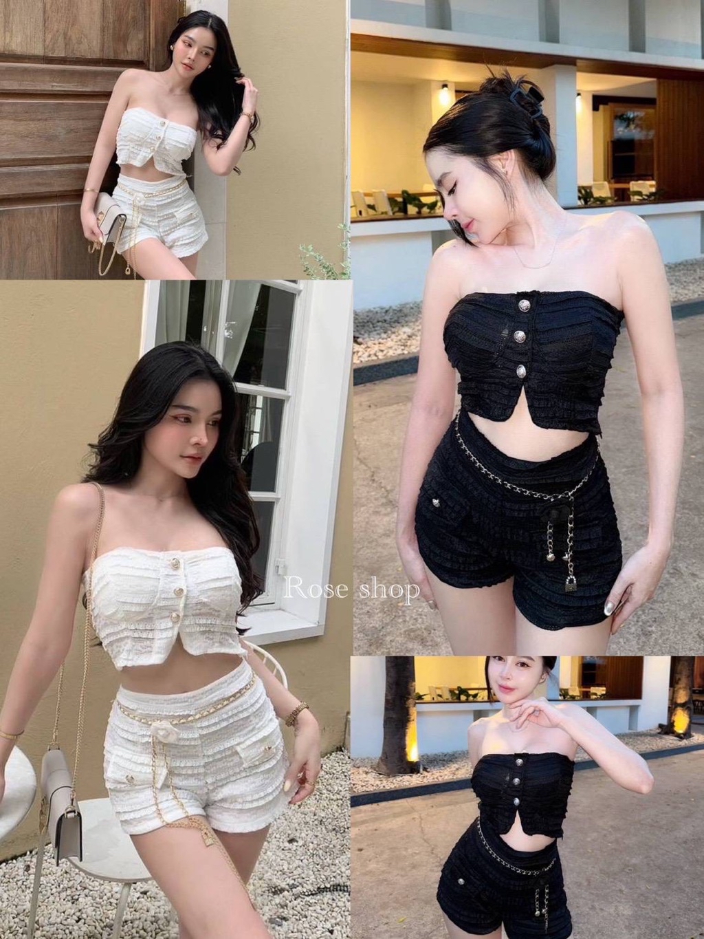 Phapassz - เซ็ต 2 ชิ้น เสื้อเกาะอก + กางเกงขาสั้น ดีไซน์ด้วยกระดุมมุก พร้อมเข็มขัดหรูหรา #ontop ...