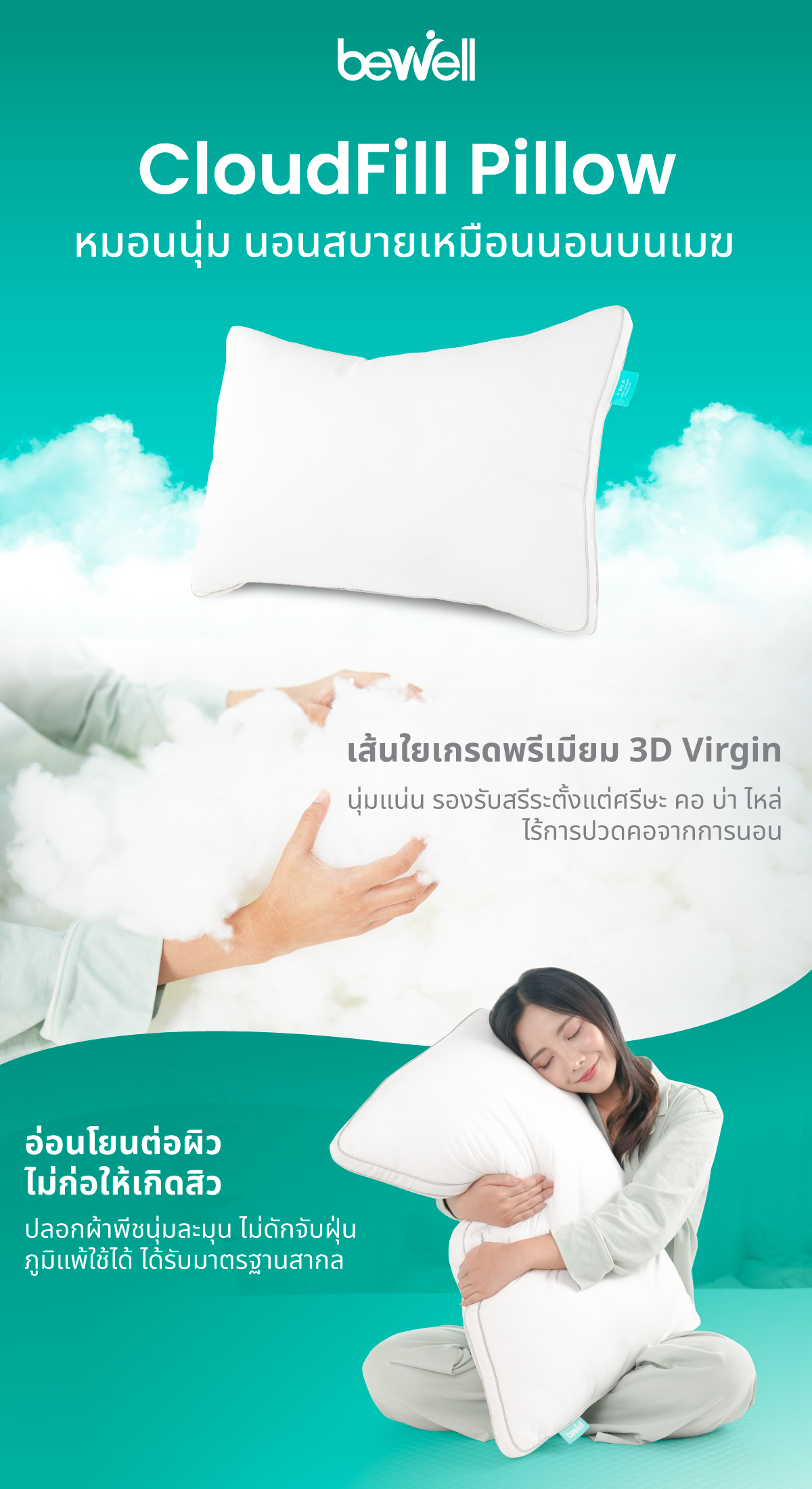Bewell หมอนเส้นใยเพื่อสุขภาพ รุ่น CloudFill หมอนนุ่มสบาย คืนตัวไว ลดอาการปวดคอ | Shopee Thailand
